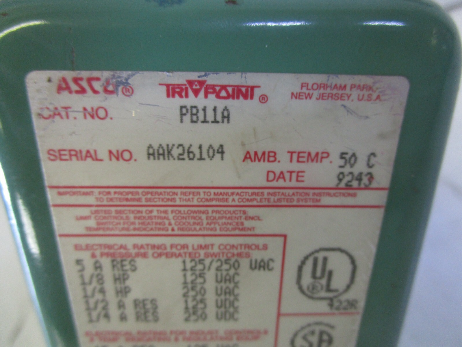 ASCO PB11A 125/250VAC TRI-POINT PRESSURE SWITCH - USED - FREE SHIPPING ...