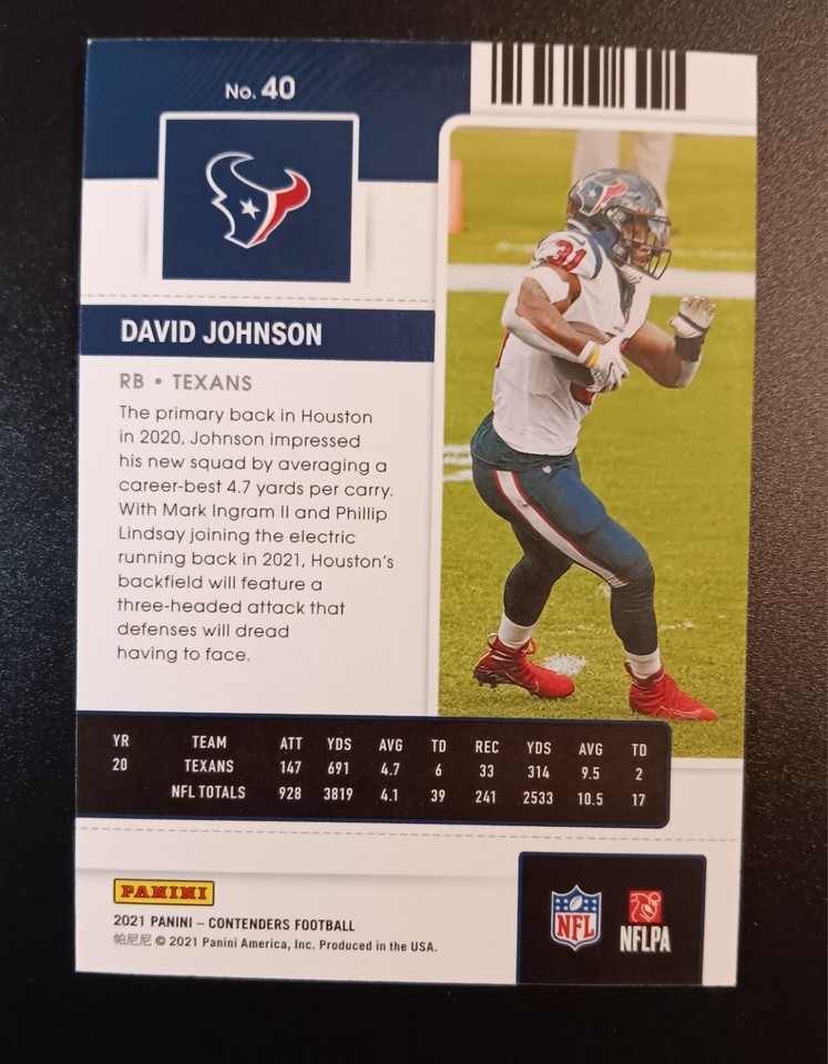2021 Panini Contenders David Johnson Season Ticket /199 #40 Houston ...