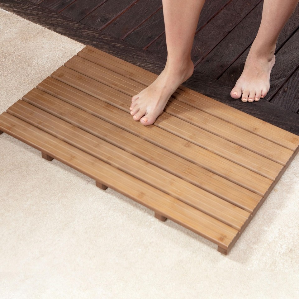 Large Walnut Bamboo Bath Mat – Non-Slip Design Sauna Floor Mat, Secure ...