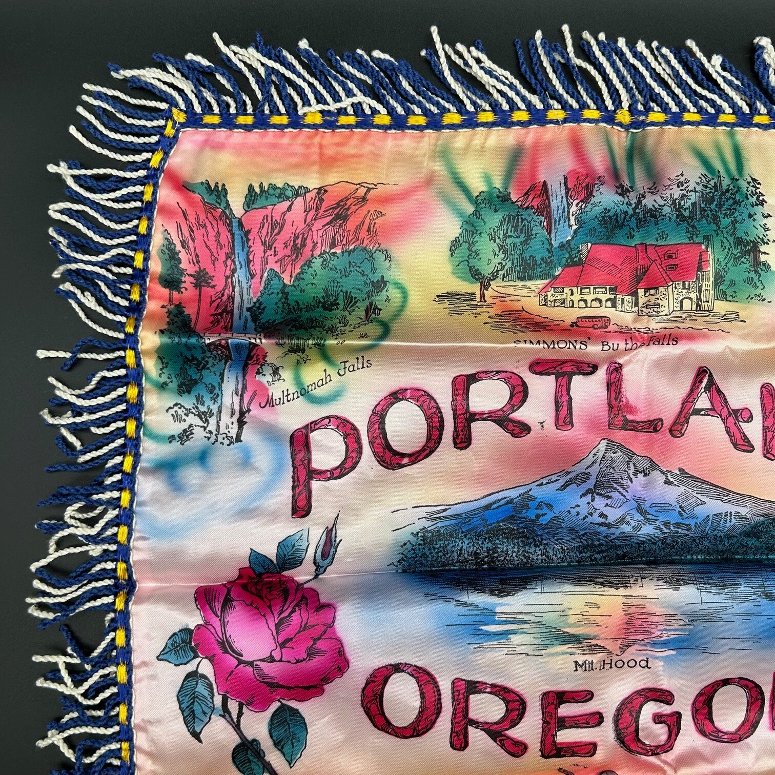 Vtg 40s Portland Oregon Landmarks Satin Souvenir Pillow Cover w Fringe ...