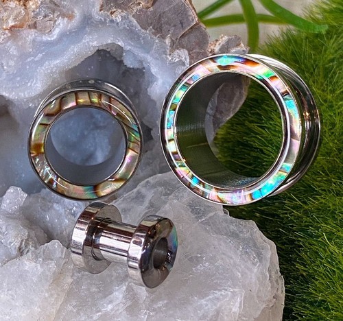 PAIR Abalone Inlay Steel Screw Fit Tunnels Earlets Gauges Plugs Body ...