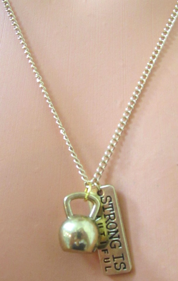 SILVER TONE CROSSFIT GYM WEIGHT LIFTING BARBELL 'I CAN' tag Cable CHAIN ...