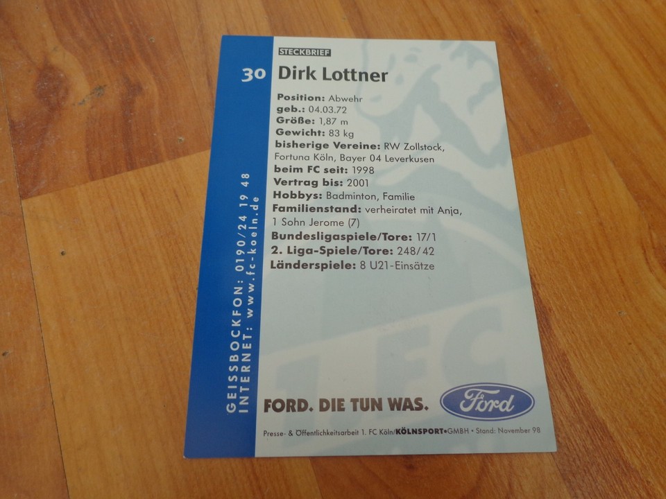 Original Unterzeichnet Dirk Lottner 1.FC Köln Cologne Deutschland Club ...