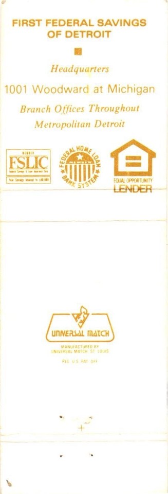 First Federal Savings of Detroit, Detroit, Michigan, Vintage Matchbook ...