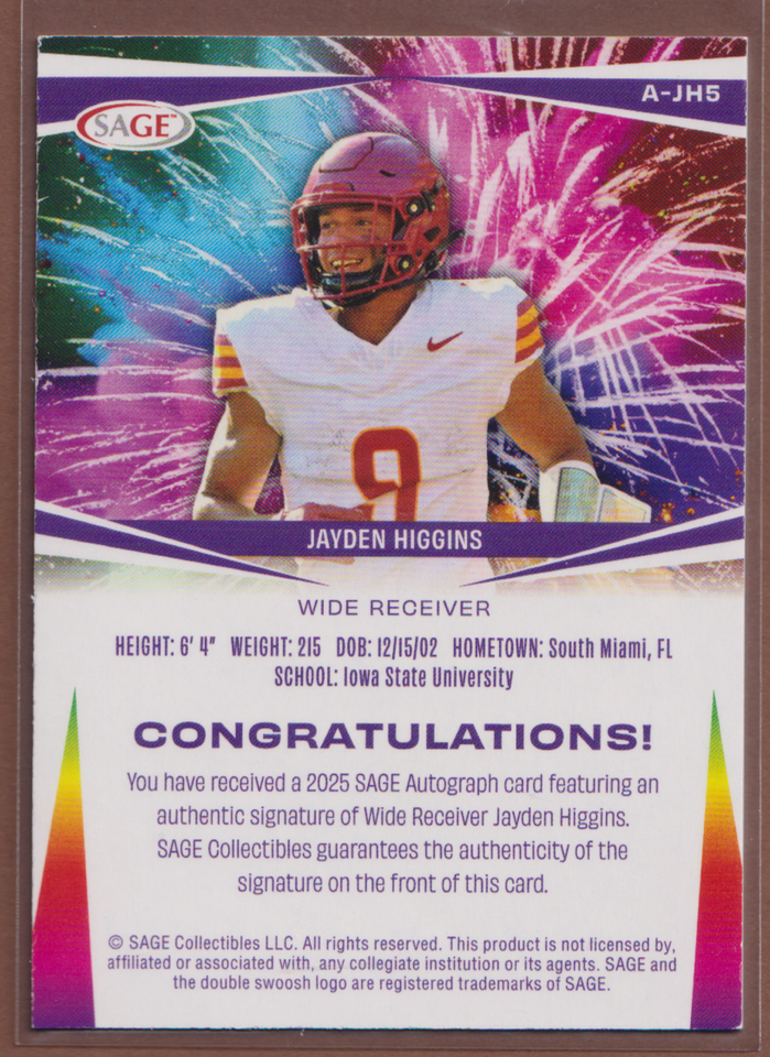 Jayden Higgins #A-JH5 2025 Sage Blue Autograph-Iowa State | eBay