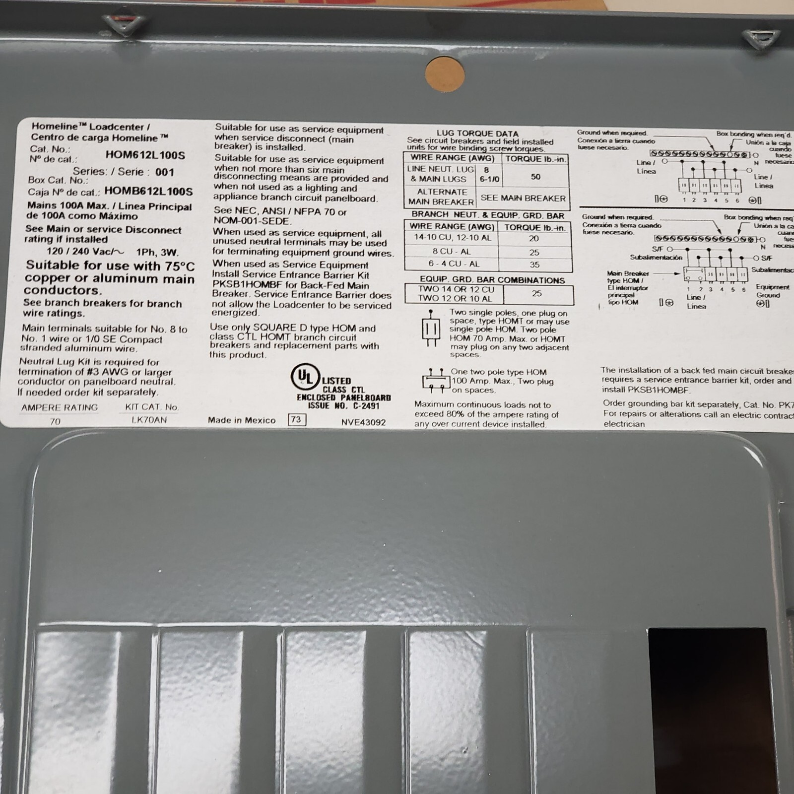 SQUARE D HOMELINE HOM612L100S 100 AMP 6-SPACE 12-CIRCUIT BREAKER LOAD ...