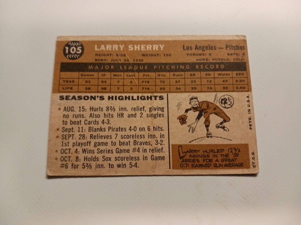 1960 Topps LARRY SHERRY Rookie #105 Los Angeles Dodgers | eBay