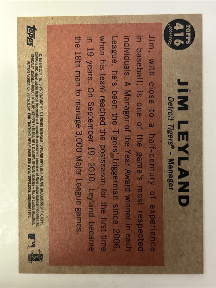 Jim Leyland Autographed 2011 Topps Heritage #416 In Person N697 | eBay