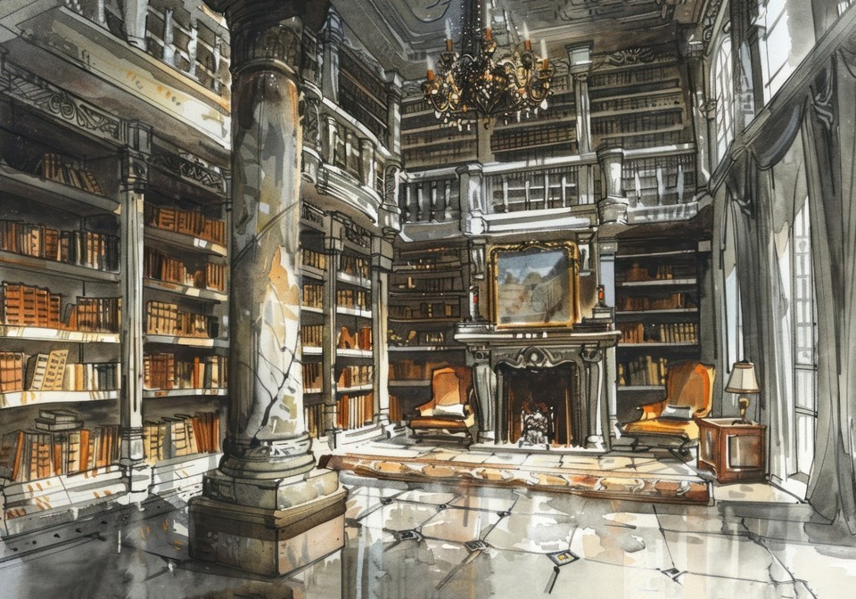 Antique Grand Library Watercolour Painting Illustration 7x5 Wall Decor ...