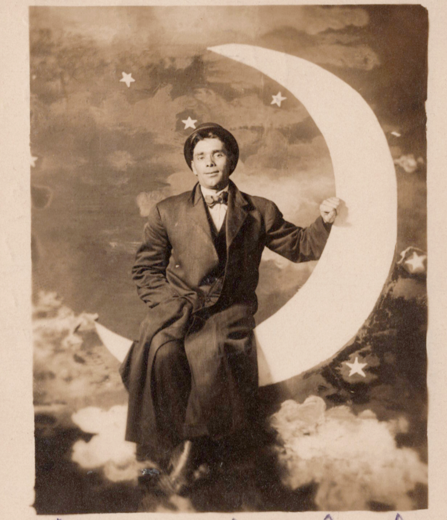 RPPC Handsome Dapper Gent Man Seated on Left Facing Paper Moon with ...