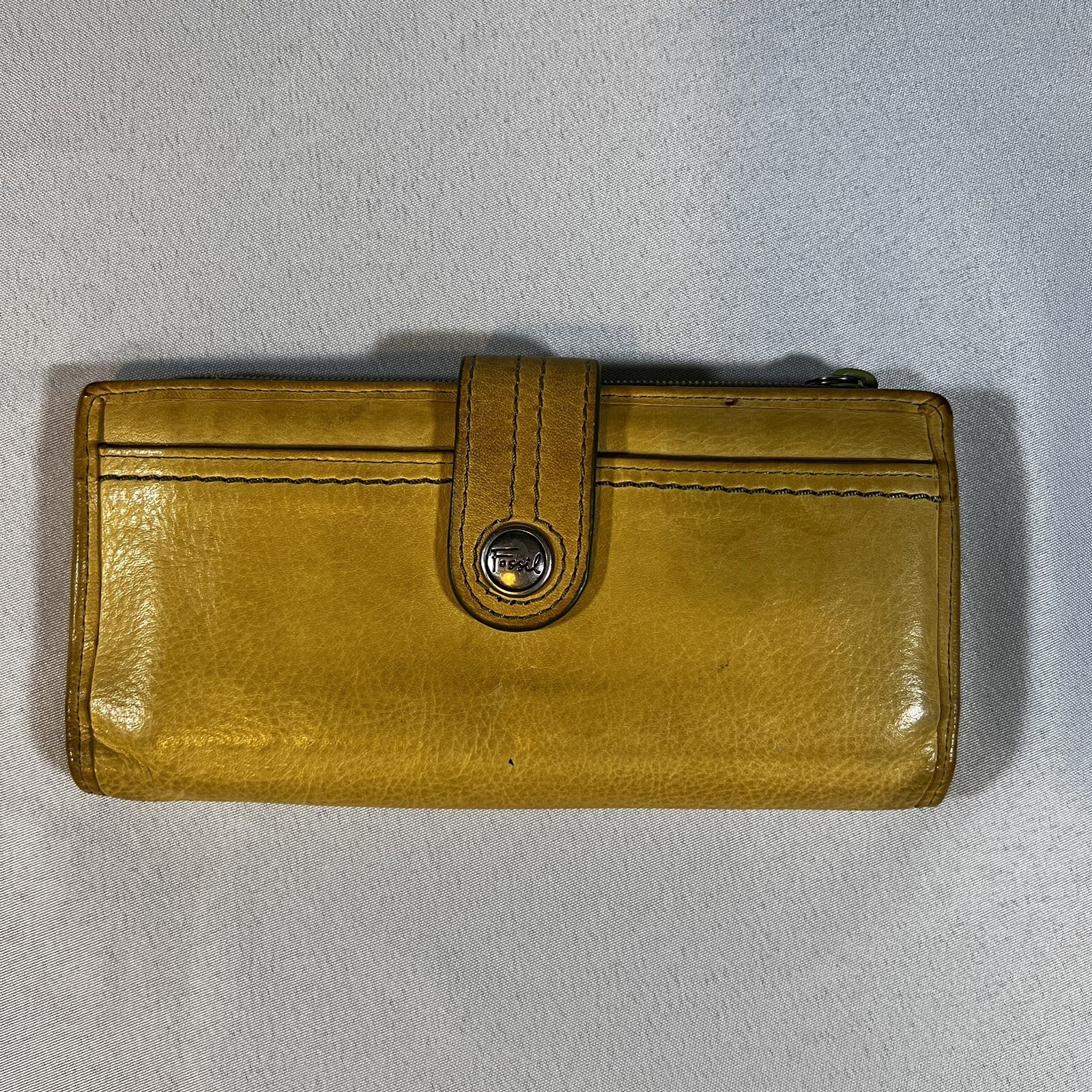 Fossil Mustard Yellow Leather Wallet Womens Bifold Snap & Zipper | eBay