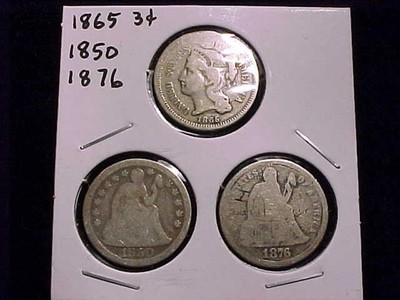 1865 3 Cent Nickel (damaged), 1850 Dime Good, & 1876 Dime with grafitti ...