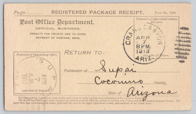 1913 Grand Canyon Arizona Registered Package Receipt Supai Coconino ...