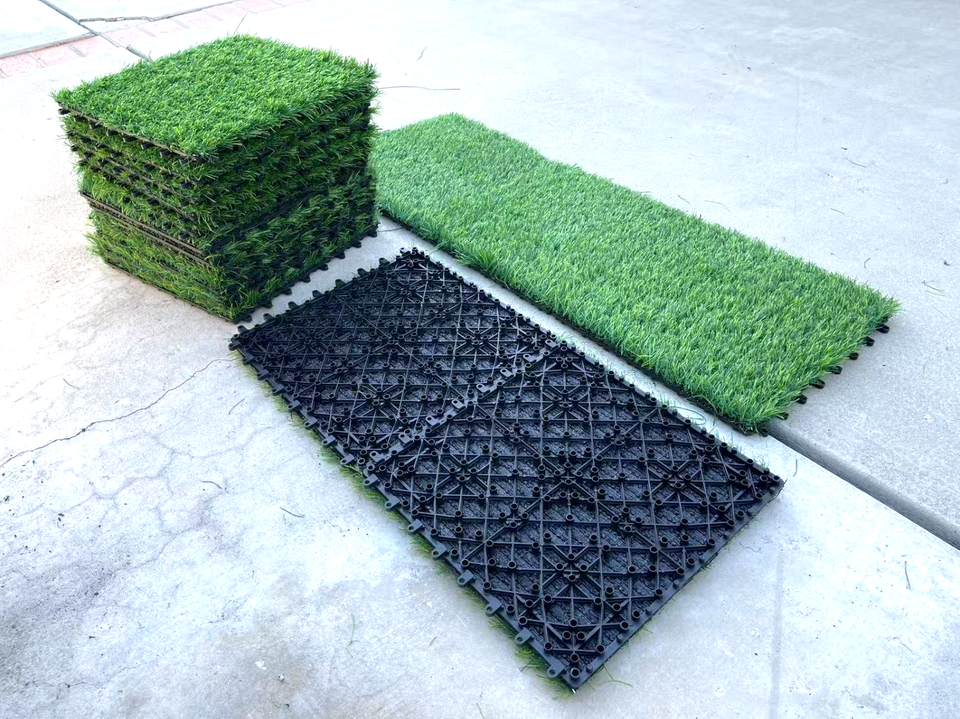 Interlocking Artificial Grass Tiles Deck Turf Self-draining 16pk 12x12 ...