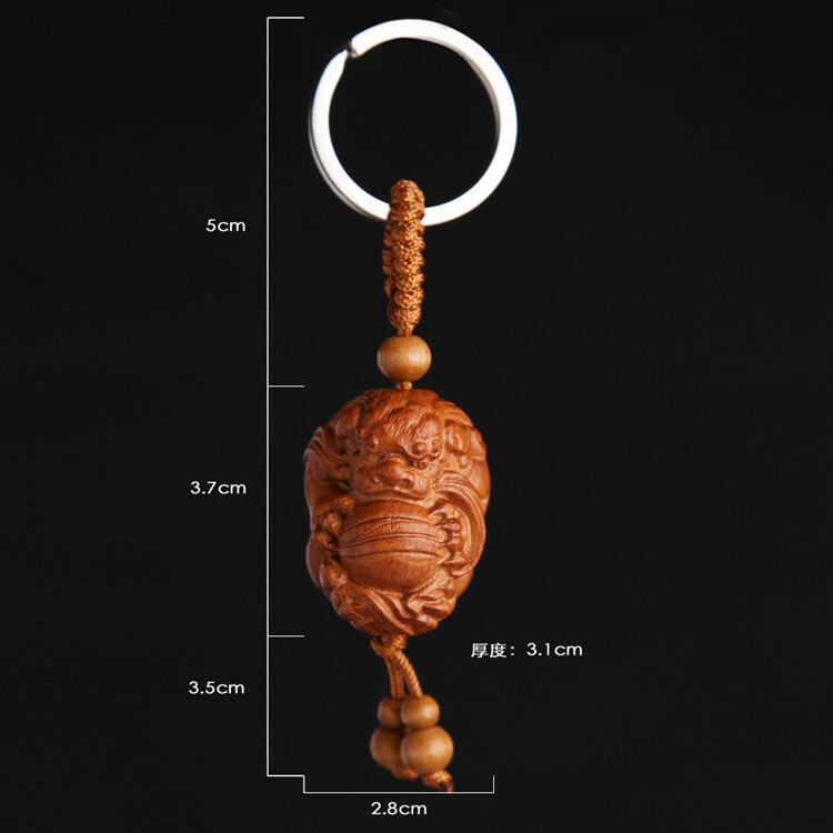 Lion Foo Fu Dog Wood 3D Carving Chinese Fengshui Pendant Key Chain ...