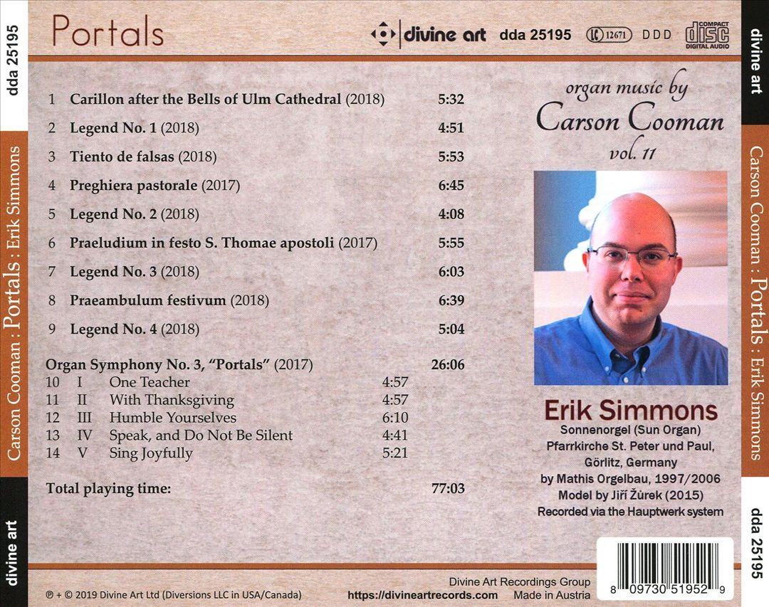 ERIK SIMMONS PORTALS: MUSIC FOR ORGAN BY CARSON COOMAN, VOL. 11 NEW CD ...
