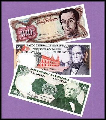 Venezuela UNC Note Set 20, 50, 100 Bolivares Lot 3 Currency Banknote ...