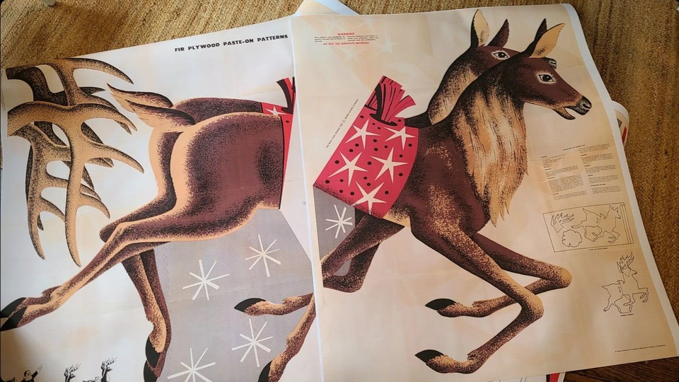 Reproduction Douglas Fir Plywood Santa, Sleigh and Reindeer Set Pattern ...