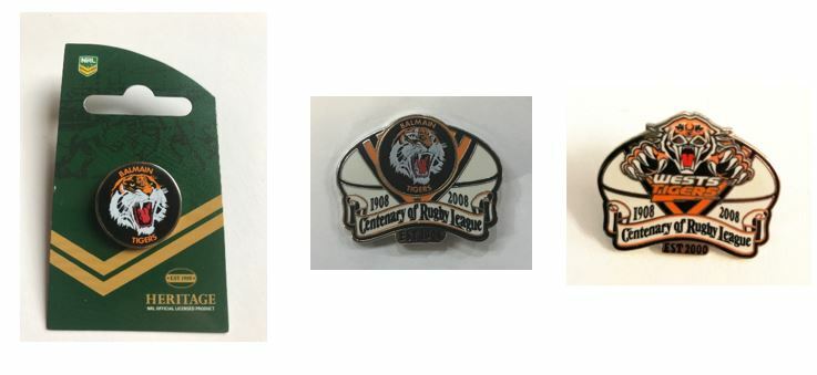 SET OF 3 BALMAIN TIGERS NRL HERITAGE LOGO PIN & BALMAIN & WESTS ...