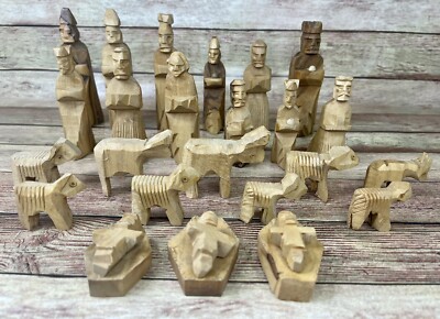 Olive Wood Nativity Set 27 mixed Piece Hand Carved Holy Land Primitive ...