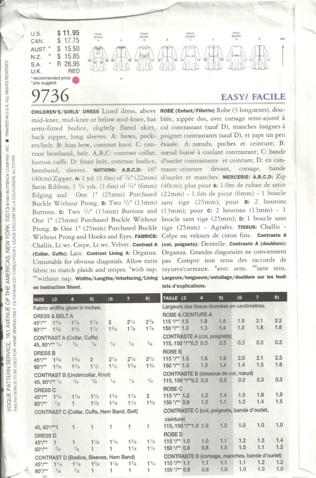 VOGUE for me 9736 GIRL'S SIZE 3-5 DRESSES SEWING PATTERN VINTAGE | eBay