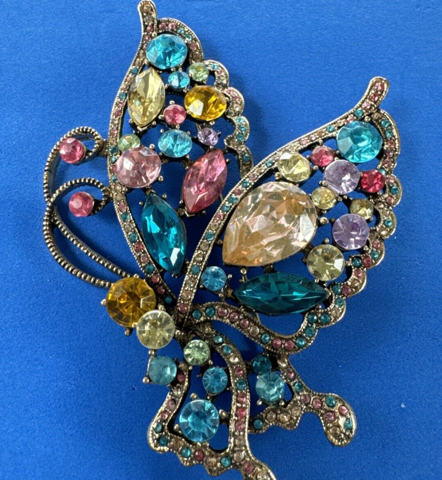 Butterfly Brooch Pin Rhinestone Gold Tone Multicolor Openwork Side ...