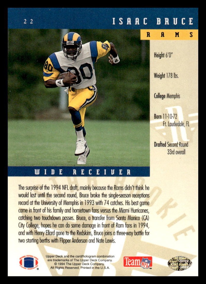 Isaac Bruce 1994 Upper Deck #22 Los Angeles Rams RC Football Card | eBay