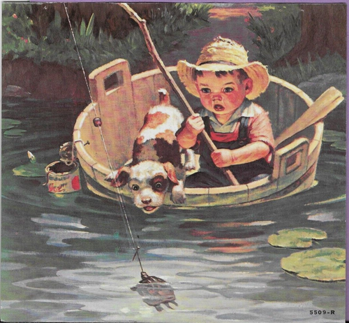 Stuart. Boy Fishing Tub Dog Turtle, Embossed Raised Sample Print 7"x7.5 ...