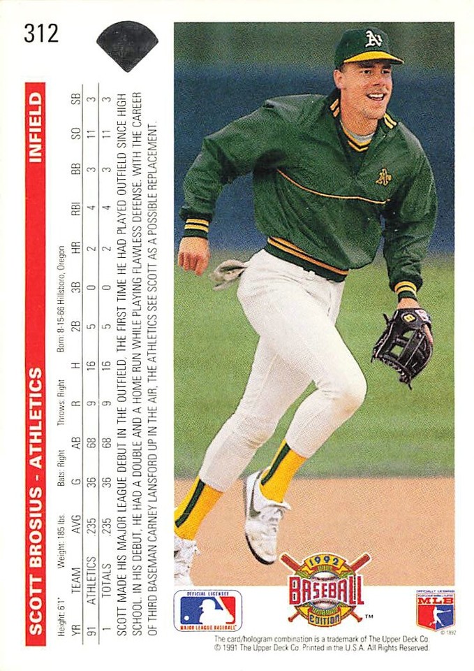 1992 Upper Deck Scott Brosius Rookie Oakland Athletics #312 7q | eBay