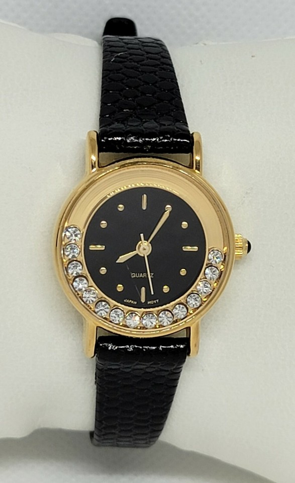 Ladies Avon Stunning Gold Tone Black Leather Band Analog Quartz Watch ...