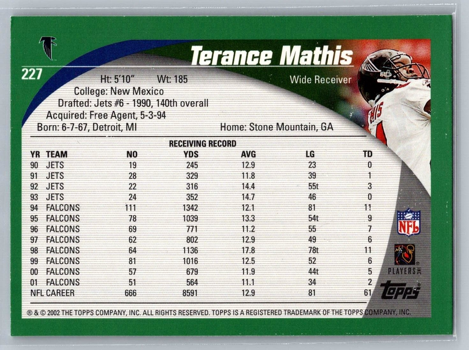 2002 TOPPS CARD # 227 Terance Mathis - Atlanta Falcons | eBay