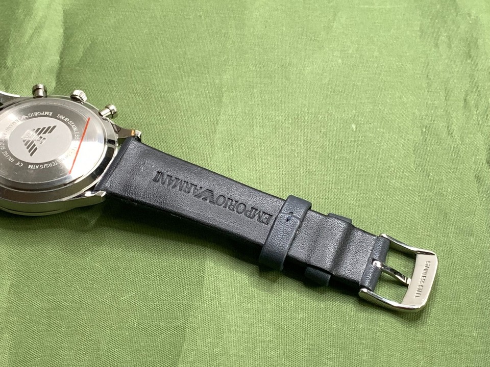 EMPORIO ARMANI AR11018 Blue DIAL CHRONOGRAPH DATE Black Leather MEN ...