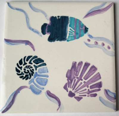 VTG 90s ART DAL TILE PANEL STYLIZED SEA SHELLS FISH MARINE LIFE BLUES ...