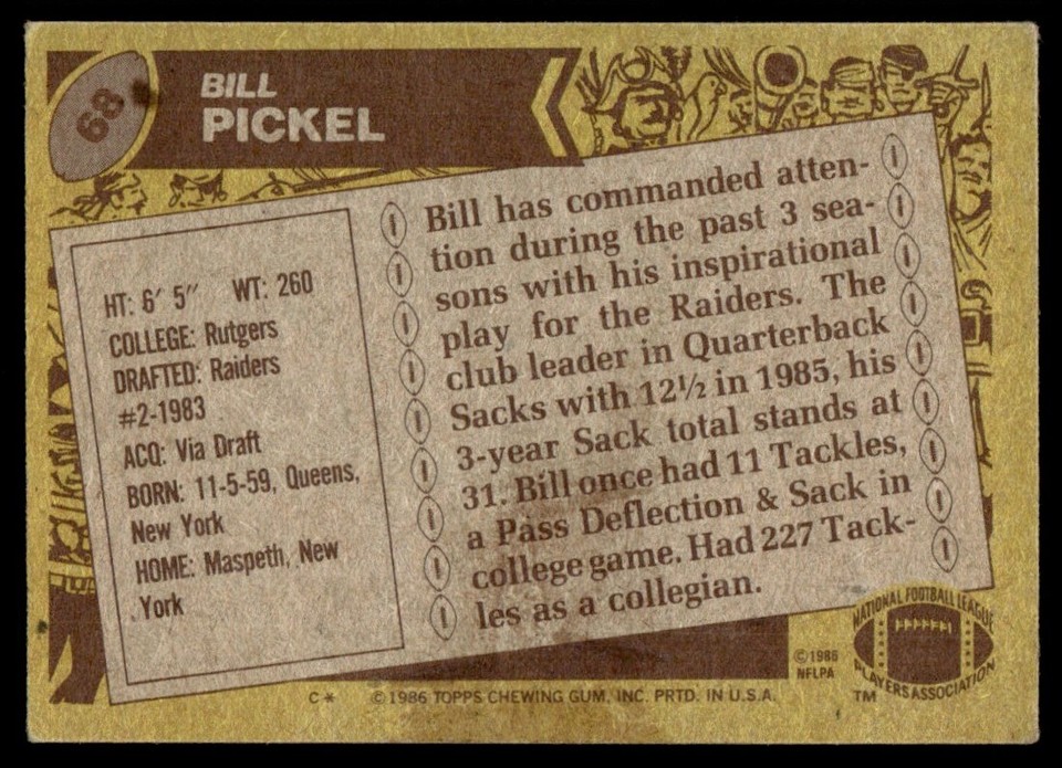 1986 Topps #68 Bill Pickel Los Angeles Raiders | eBay