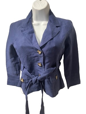 VOICE Long sleeve blouse, buttons, pockets, fabric belt, navy size S#24 ...