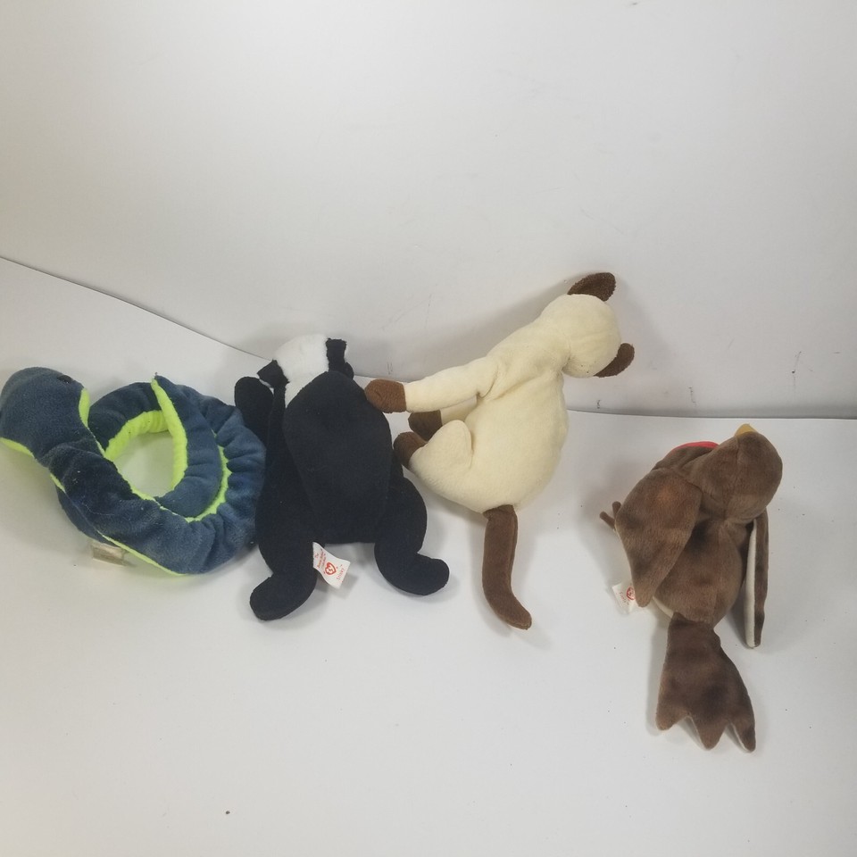 Lot Of 4 TY Beanie Babies Stinky Hissy Siam Early Snake Cat Skunk Bird ...