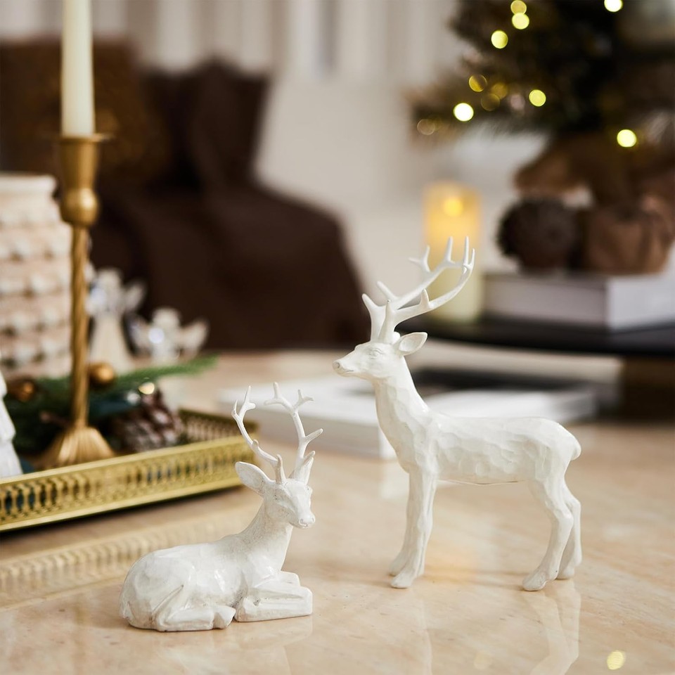 2PCS White Reindeer Figurines Resin Rustic Christmas Home Decor Statues ...