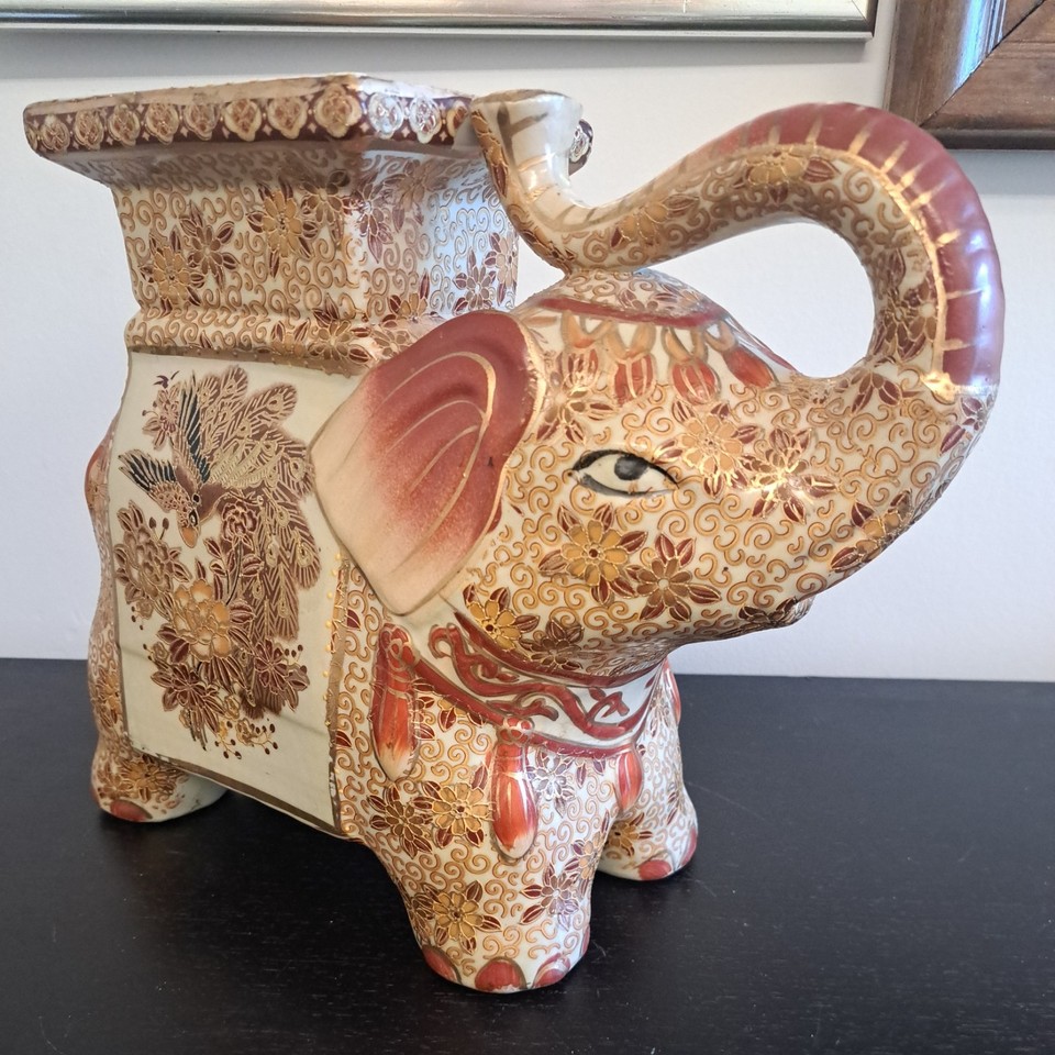 Japanese Satsuma Elephant Statue Plant Stand Gold Ceramic Chinoiserie ...