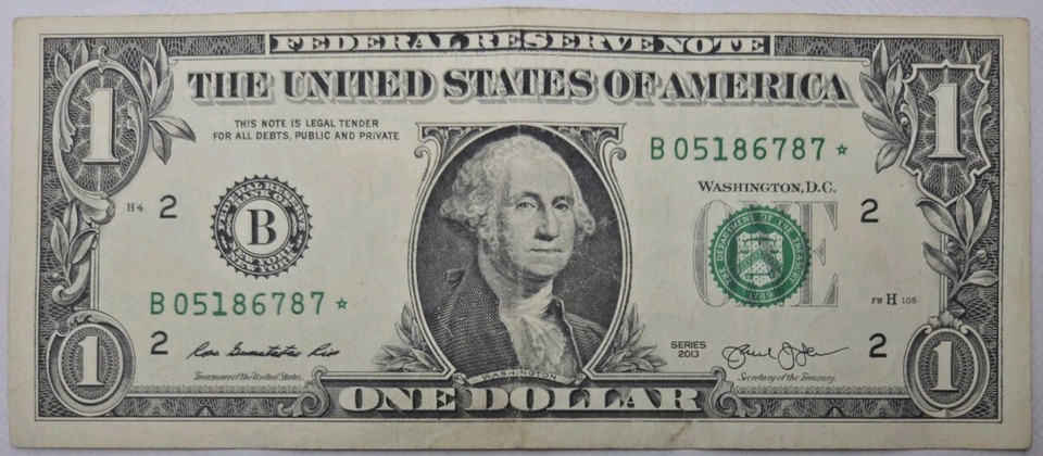 2013 B Duplicate Star Note Error Serial Number B05186787* One Dollar ...