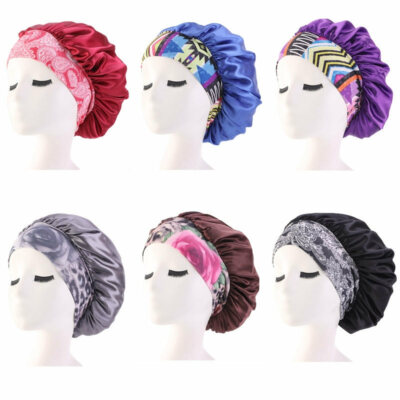 Silk Night Sleep Caps Hair Care Bonnet Hats Head Cover Satin Wide ...