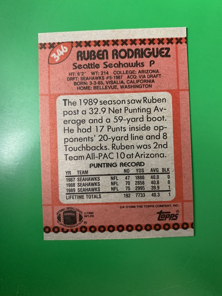 1990 Topps Ruben Rodriguez Seattle Seahawks #346 VAR no disclaimer | eBay