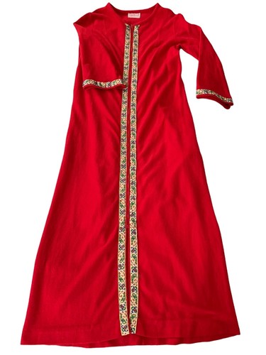 Vtg Gilead Maxi Embellished Satin Zip RED House Dress Robe Gown Women's ...