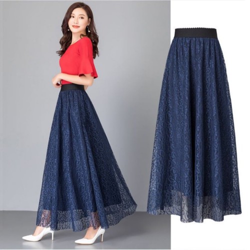 Women Formal Floral Lace Midi Skirt High Waist A-line Elastic Half ...