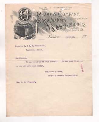1896 RARE CHASE CO LOZENGE MAKERS CONFECTIONERS LETTERHEAD CONGRESS ST ...