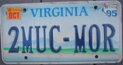VIRGINIA Specialty Shore to Sea 1995 license plate 2 MUC-MOR Too Much ...