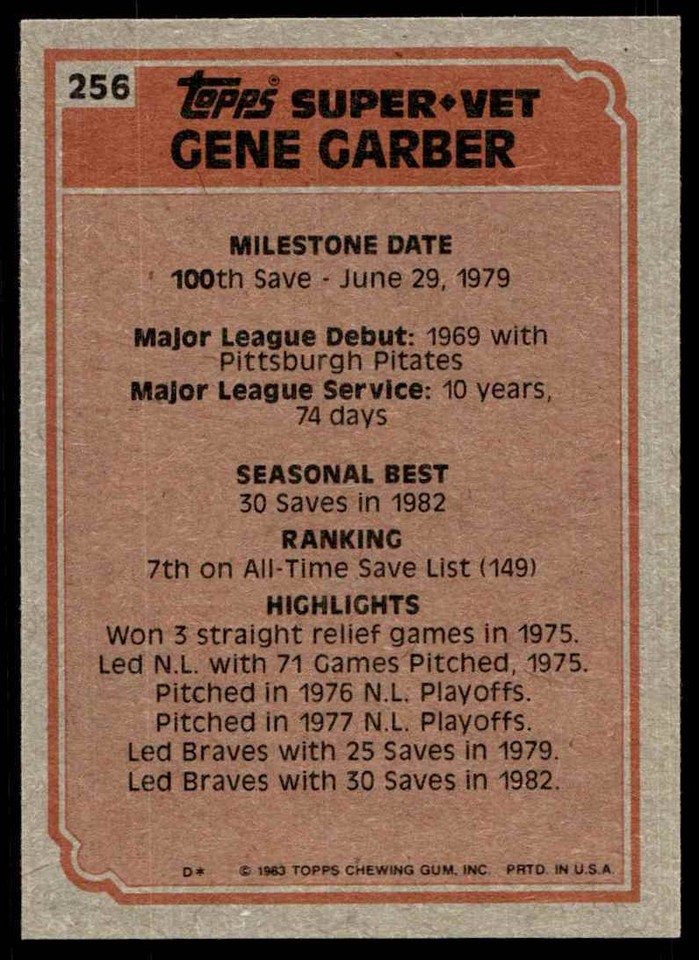 1983 Topps Baseball Card Gene Garber Pittsburgh Pirates/Atlanta Braves ...