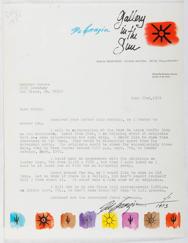 ETTORE "TED" DEGRAZIA - TYPED LETTER SIGNED 06/22/1973 | eBay