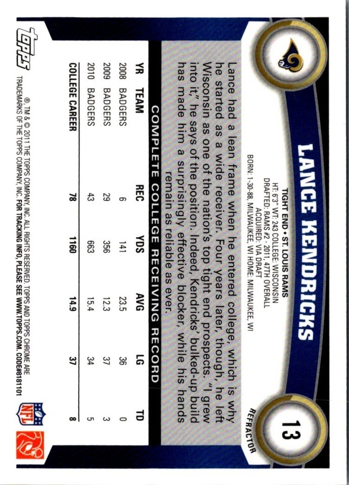 2011 Topps Chrome Lance Kendricks #13 St. Louis Rams Football Card | eBay