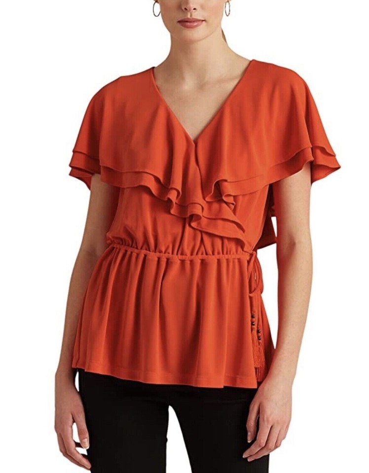 Lauren Ralph Lauren Ruffle-Trim Surplice Jersey Top - Vivid. Tangerine ...