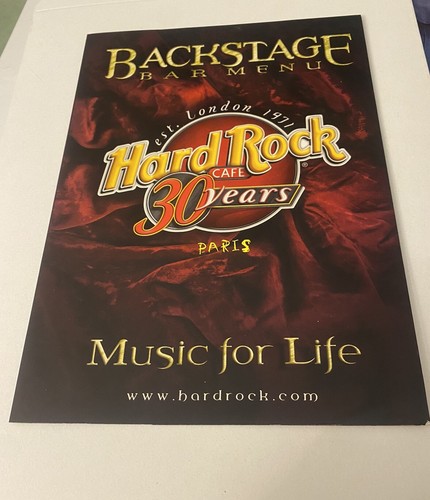 RARE Hard Rock Café 2001 Paris Backstage Bar Menu. 30 Years Celebration ...